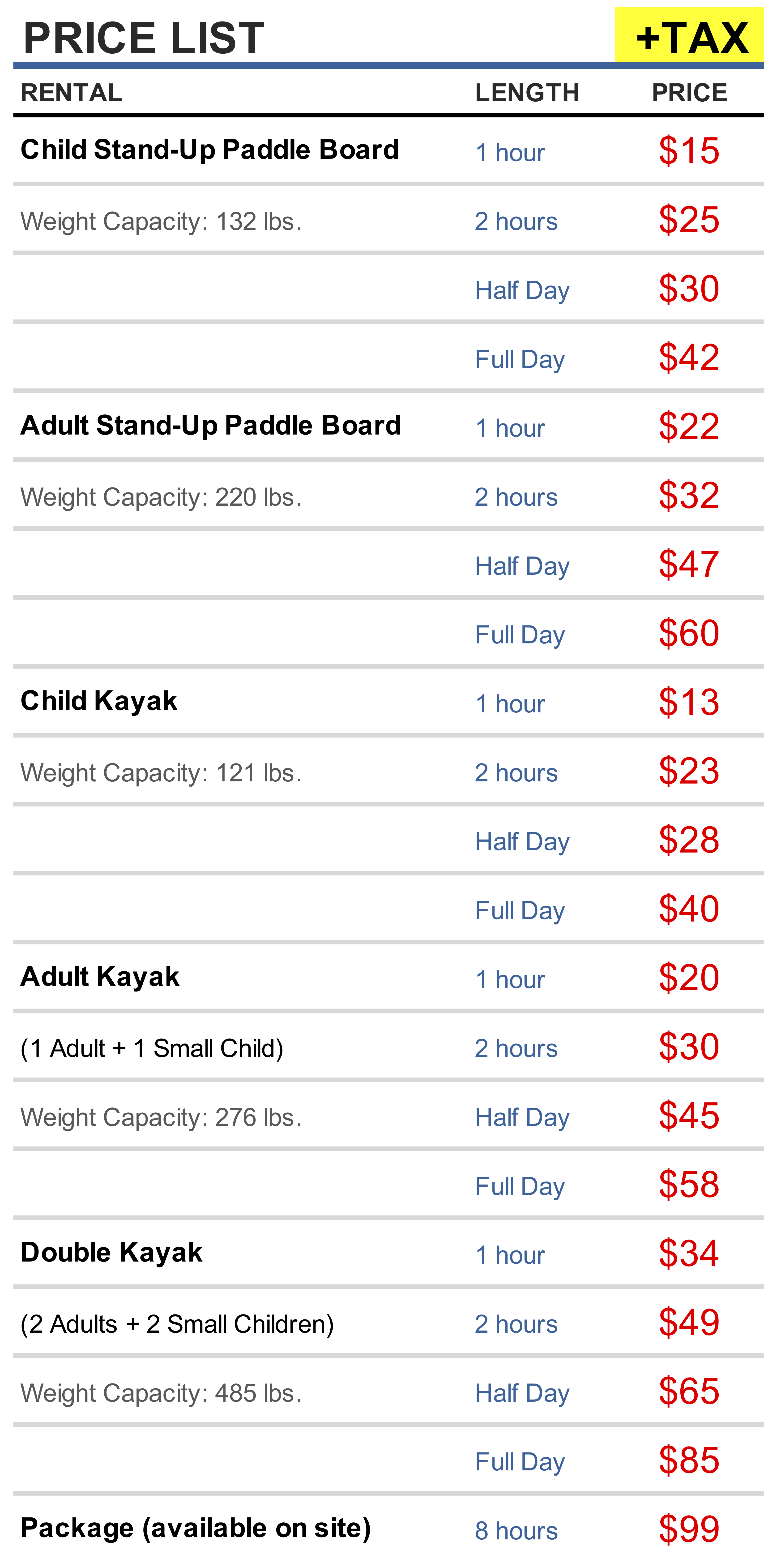 Our Pricing – Long Lake Adventure Company